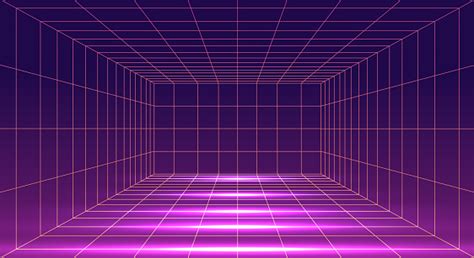 미래 지향적 인 3d 와이어 프레임 룸 원근감 그리드 가상 현실의 미래 지향적 인 디지털 복도 공간 0명에 대한 스톡 벡터 아트