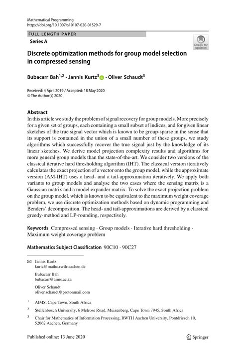 Pdf Discrete Optimization Methods For Group Model Selection In Compressed Sensing