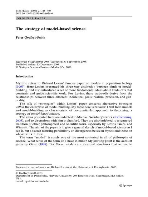 Godfrey Smith 2006 The Strategy Of Model Based Science Pdf
