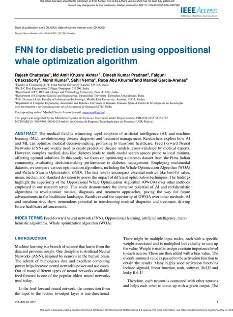 pdf fnn for diabetic prediction using oppositional whale optimization