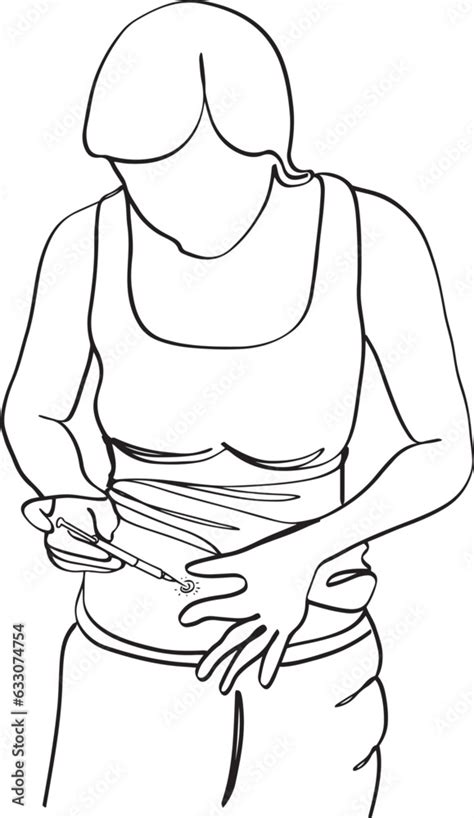 Cartoon Illustration Woman Self Injecting In Continuous Line Drawing
