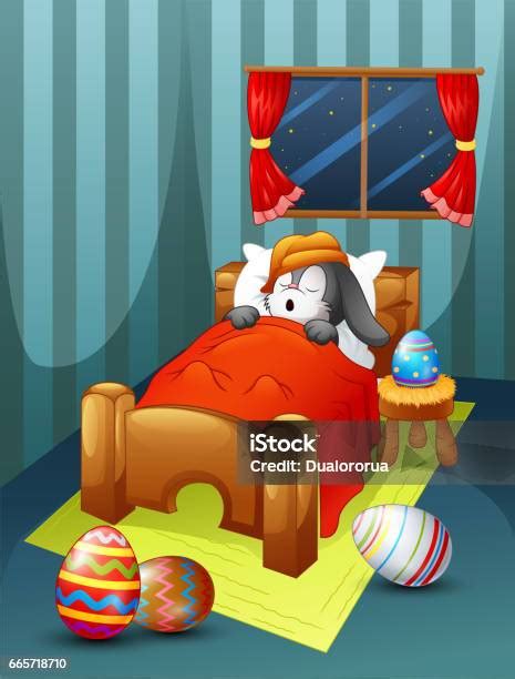 부활절 토끼 부활절 달걀으로 침대에서 자 고 하는 모자를 쓰고 계절에 대한 스톡 벡터 아트 및 기타 이미지 계절 공휴일 귀여운 Istock