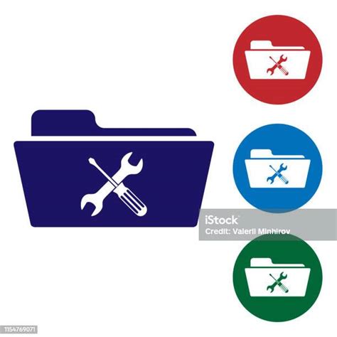 드라이버와 렌치 아이콘이 흰색 배경에 고립 된 파란색 폴더 조정 서비스 설정 유지 보수 수리 및 수정 원 버튼의 색상 아이콘을 설정 합니다 벡터 일러스트 개념에 대한 스톡