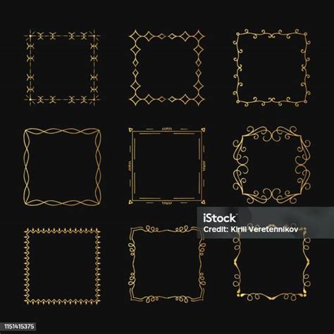벡터 고립 된 황금 붓글씨 광장 번 창 프레임과 골드 화려한 테두리의 집합입니다 그리기에 대한 스톡 벡터 아트 및 기타 이미지