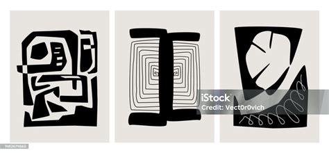 추상적 인 모양과 형태 현대 벽 예술 포스터 세트 벡터 일러스트 레이 션 그래픽 프린트 흑백에 대한 스톡 벡터 아트 및 기타 이미지 흑백 디자인 요소 장식용 조각상