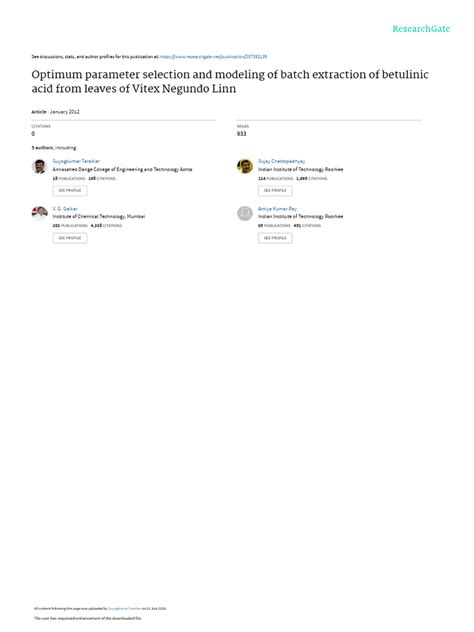 Optimum Parameter Selection And Modeling Of Batch Extraction Of Betulinic Acid From Leaves Of