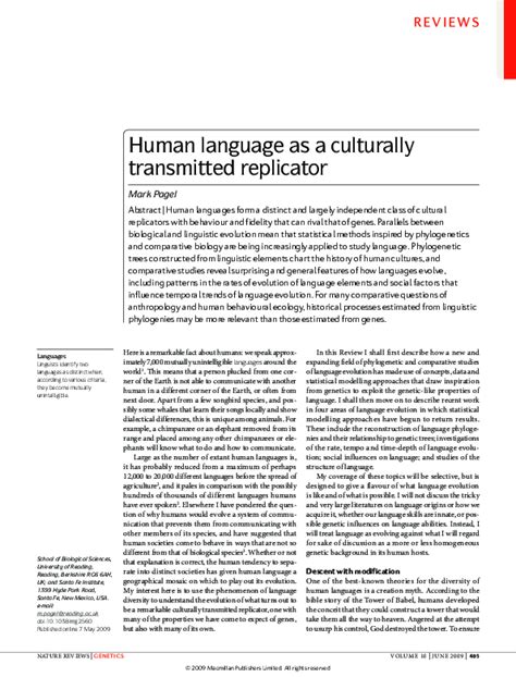 Pdf Human Language As A Culturally Transmitted Replicator