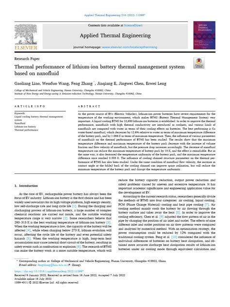 Thermal Performance Of Lithium Ion Battery Thermal Management System Based On Nanofluid Pdf