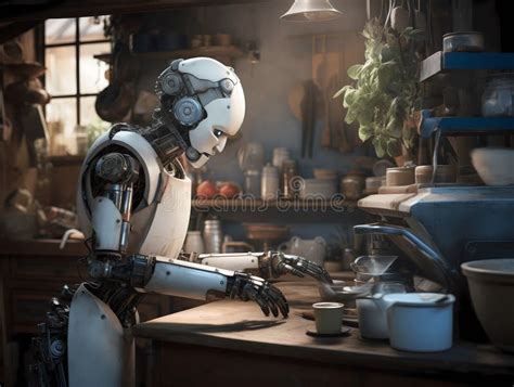 Ai Generated Image Humanoid Robot Engaged In Cooking Stock