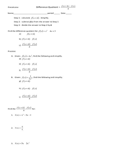Fillable Online Difference Quotient Worksheet Fax Email Print PdfFiller
