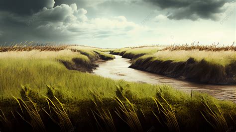 Grass River Dark Cloud Lawn Background Grass River Dark Clouds