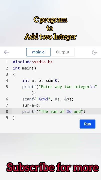 C Program To Add Two Integers Cprogramming Coding Youtube