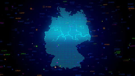 미래 지향적인 파란색 다채로운 반짝이는 디지털 기술 Hud Dots 모자이크 그리드 독일 지도 숫자 기술 입자로 빛 스캐닝 세계지도에 대한 스톡 벡터 아트 및 기타 이미지