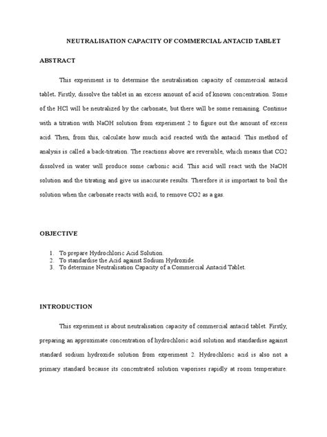 Neutralisation Capacity Of Commercial Antacid Tablet Pdf Sodium Hydroxide Physical Chemistry