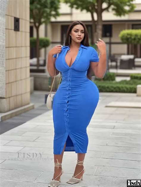Fisdy Flattering Plus Size Bodycon Dress For Women Solid Color