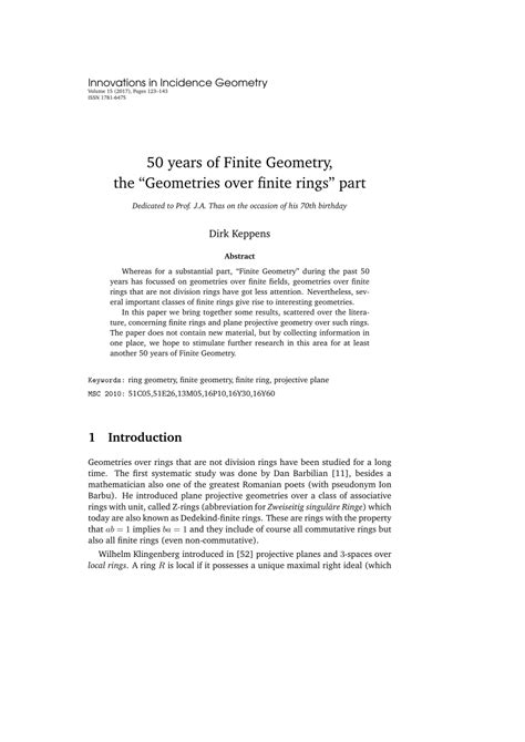 Pdf 50 Years Of Finite Geometry The Geometries Over Finite Rings Part