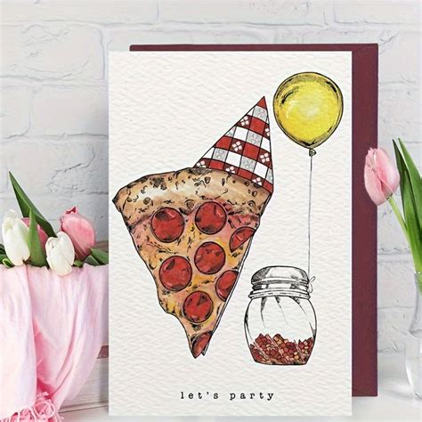 Temu｜가족과 친구들을 위한 파티 모자 풍선이 달린 1장의 피자 테마 생일 축하 카드 모든 행사에 적합 Diy 생일