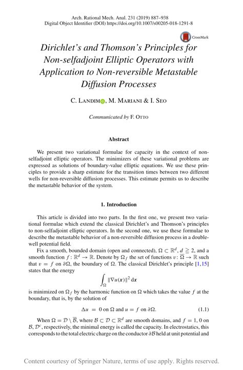 Dirichlets And Thomsons Principles For Non Selfadjoint Elliptic Operators With Application To