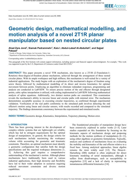 Pdf Geometric Design Mathematical Modeling And Motion Analysis Of A Novel 2t1r Planar