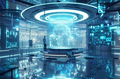 Futuristic Conference Room With Holographic Global Data Visualization Virtual Meeting Advanced