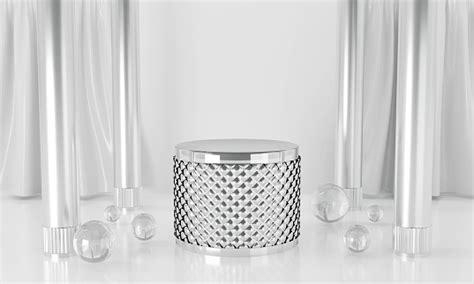 3d 메탈 실버는 유리 공이있는 스튜디오 룸에서 흰색 배경 추상화로 고립되었습니다 받침대 우승자 디스플레이 제품 및 모형 디자인을 위한 3d 렌더 크리에이티브 아이디어