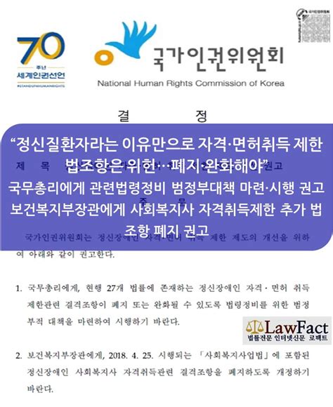 인권위 “정신질환자라는 이유만으로 자격·면허취득 제한 법조항은 위헌폐지·완화해야” 한국법률일보