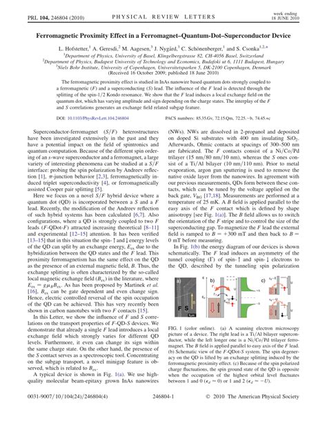 Pdf Ferromagnetic Proximity Effect In A Ferromagnet Quantum Dot Superconductor Device