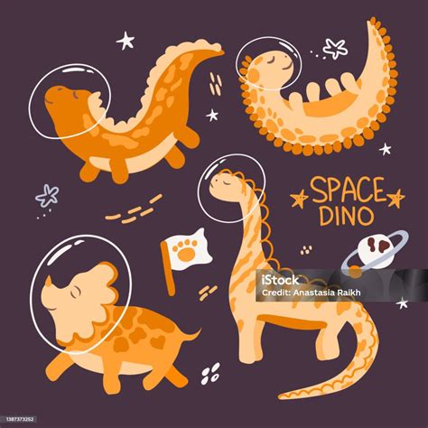 귀엽고 손으로 그린 만화 스타일의 공룡 우주 비행사 행성 혜성 그리고 그들 주위에 별과 공간에서 공룡 인사말 카드 어린이 패션 직물 직물 포스터 Ts에 사용할 수 있습니다