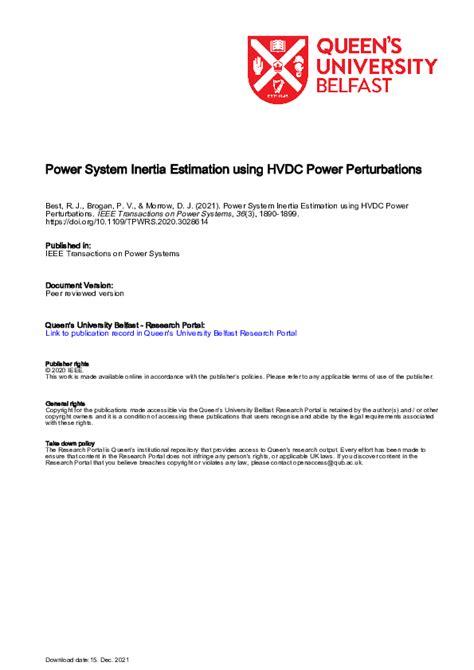 Pdf Power System Inertia Estimation Using Hvdc Power Perturbations