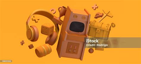 헤드폰 상품 및 게임 요소가있는 복고풍 아케이드 게임 기계 아케이드 룸 공간을 복사합니다 게임 컨셉 3d 일러스트레이션 0명에 대한 스톡 사진 및 기타 이미지 Istock