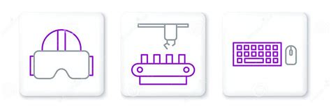 Set Line Keyboard And Mouse Virtual Reality Glasses And Factory Conveyor System Belt Icon