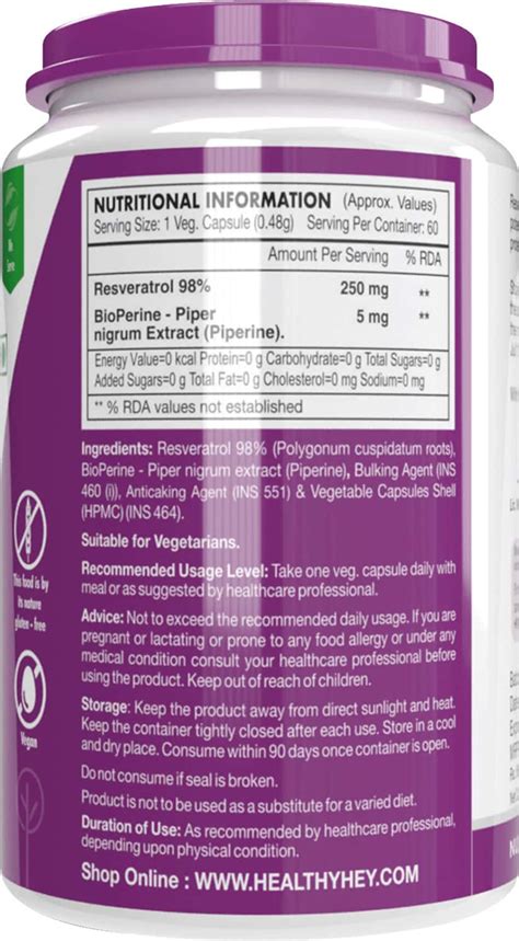 Buy Healthyhey Nutrition Resveratrol Extract 98 Plus Bioperine 60