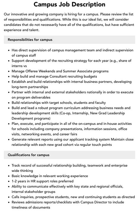 Campus Job Description Velvet Jobs