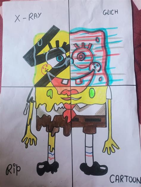 Drawing Of A Spong Bob In 4 Different Styles Spongebob Drawings Easy Drawings Cartoon
