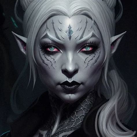 Female Drow Grey Skin White Hair Grey Eyes Black Lipstick Lolth