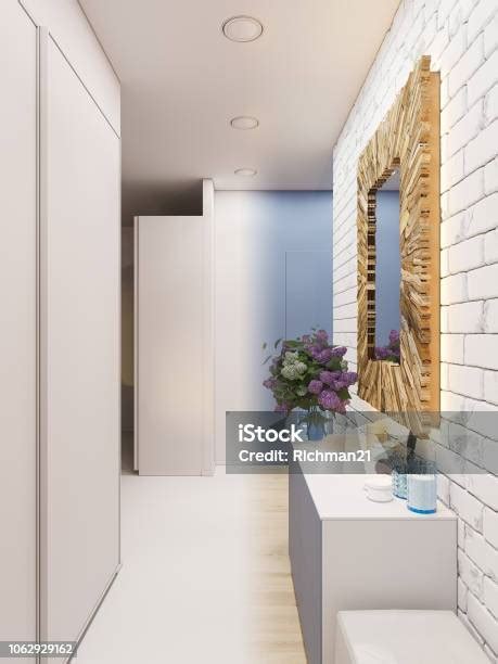 스칸디나비아 스타일의 아파트의 인테리어 디자인의 3d 그림 화이트 색상 주위 폐색에 내부 통로의 건축 시각화 3차원 형태에 대한 스톡 사진 및 기타 이미지 Istock