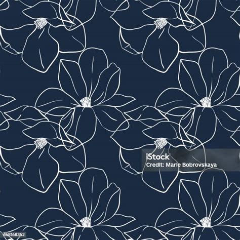 깊고 푸른 색상에 목련 꽃과 트렌디한 원활한 꽃 인쇄 벡터 인쇄 섬유 포장지에 그려진된 그림을 손 목련 온대 식물에 대한 스톡 벡터 아트 및 기타 이미지 Istock