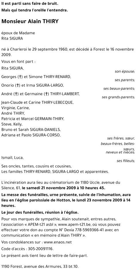 Avis De Décès De Alain Thiry Décédé Le 16112009 à Forest Annonce