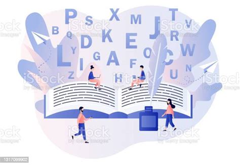 전문 작가 저자 레드 배우 저널리스트 카피 라이터 콘텐츠 관리자 블로거 작은 창조적 인 사람들은 큰 책에 텍스트 깃털과 잉크를