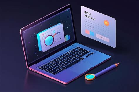 Flat 3d Isometric Laptop Computer With Folders And Magnifying Glass On Screen Data Analysis And