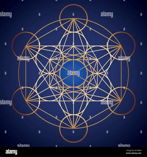 Gold Metatron Cube Sacred Geometry In Dark Blue Background Stock Vector