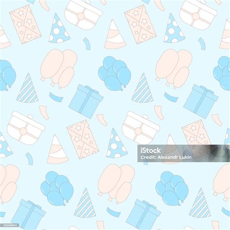 다채로운 파티 모자 풍선 및 선물 상자가 있는 축제 원활한 패턴 생일 파스텔 반복 배경입니다 기념일 즐거운 축하 분위기 끝없는 포장 커버 벡터 일러스트 레이 션입니다 계획에