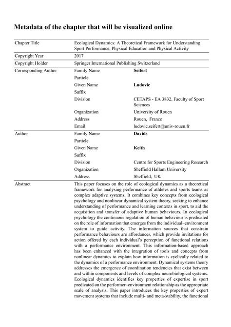 Pdf Ecological Dynamics A Theoretical Framework For Understanding