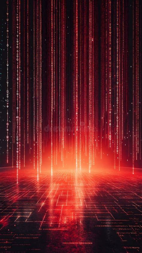 binary code background black and red color matrix with lines creating a technological
