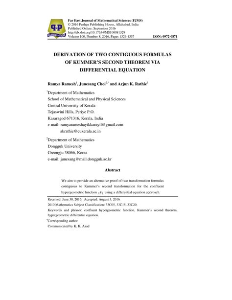 Pdf Derivation Of Two Contiguous Formulas Of Kummers Second Theorem Via Differential Equation