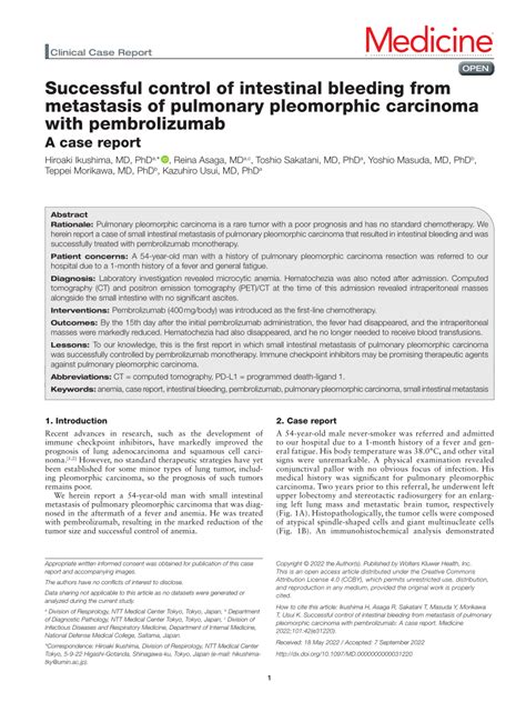 Pdf Successful Control Of Intestinal Bleeding From Metastasis Of Pulmonary Pleomorphic