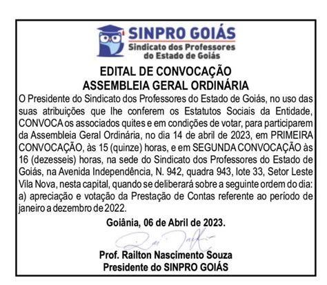 Edital De Assembleia Geral OrdinÁria Para PrestaÇÃo De Contas Sinpro