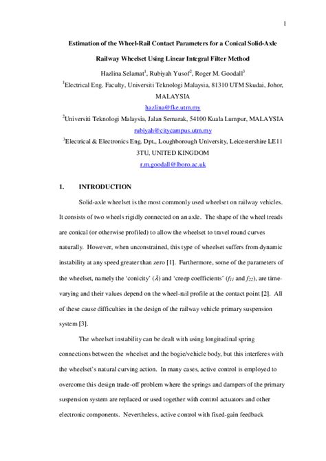 Pdf Estimation Of The Wheel Rail Contact Parameters For A Conical