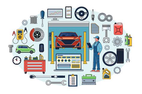 자동차 수리 자동차 서비스 개념 자동차 정비사가 서비스 센터에서 리프트에 있는 자동차를 진단합니다 자동차 수리 확인 튜닝 유지 보수 도구 예비 부품의 아이콘 집합과 벡터