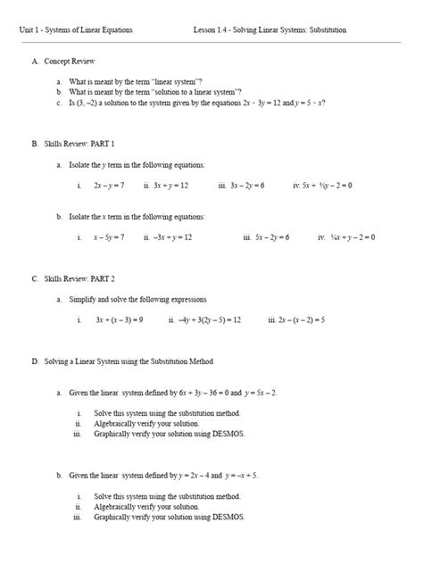 Lesson 14 Solving Linear Systems Substitution Pdf System Of